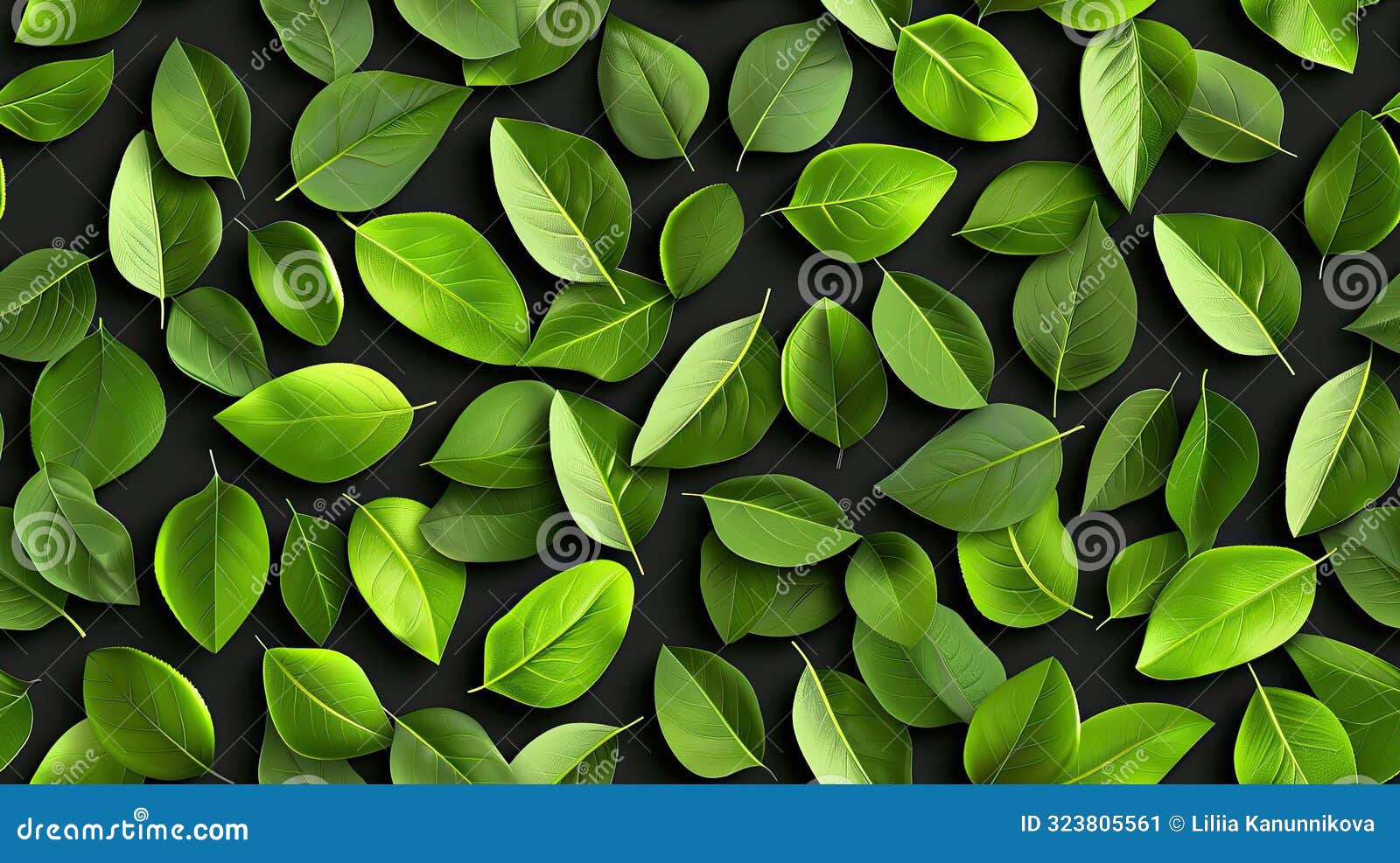 A Collection of Green Leaves Scattered on a Black Background SEAMLESS ...