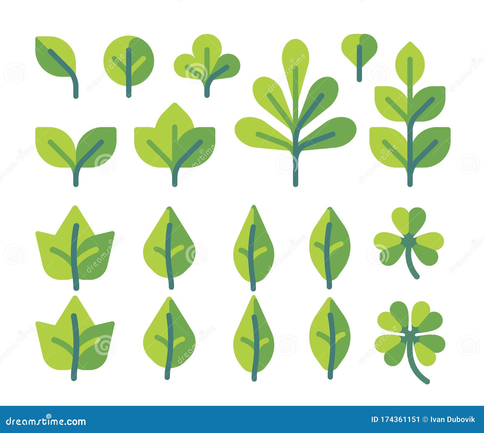 Collection of Green Spring Leaf Flat Icons Stock Vector - Illustration ...