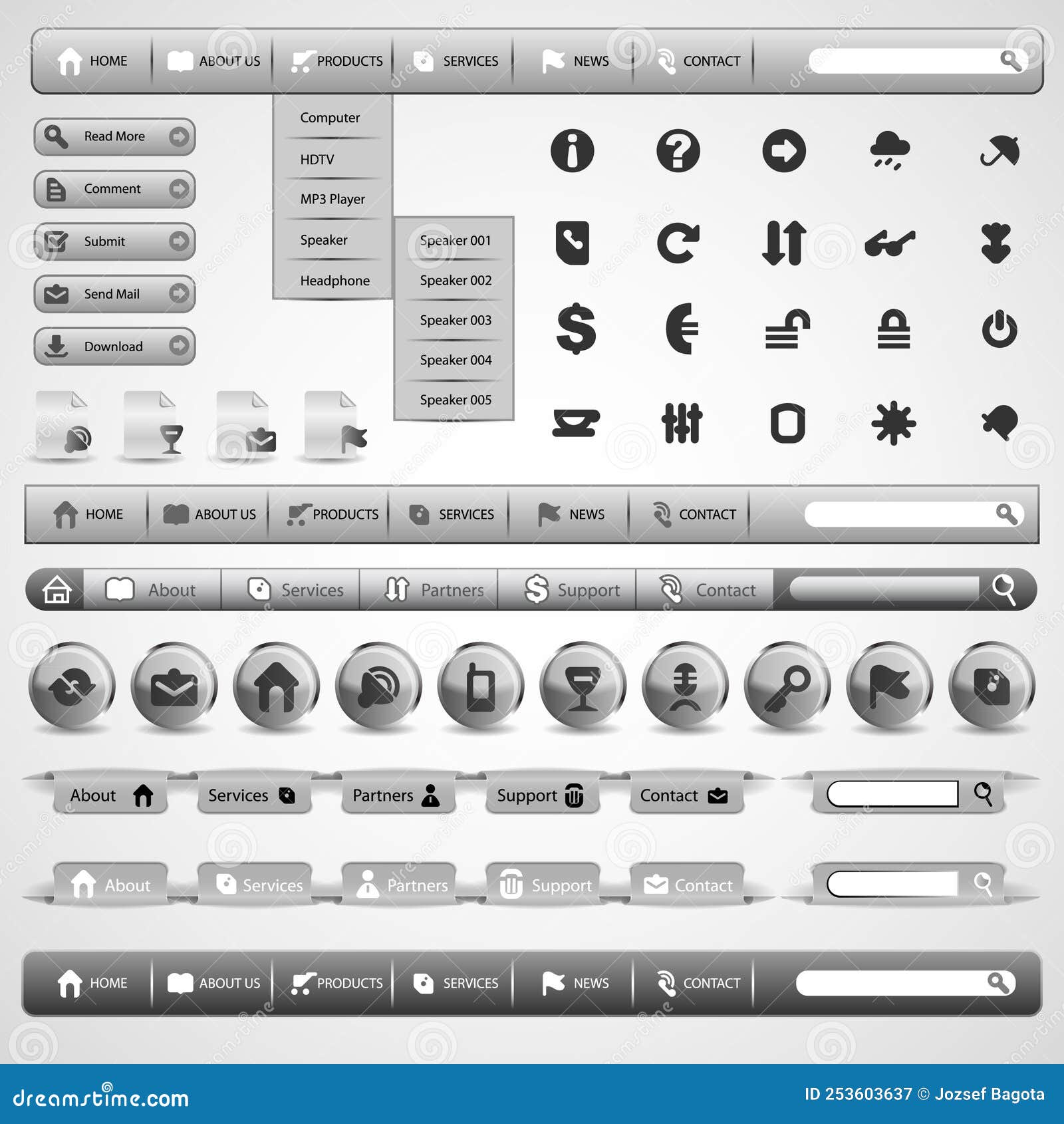 Collection of Grey Modern Styled Website Design Elements Stock Vector ...