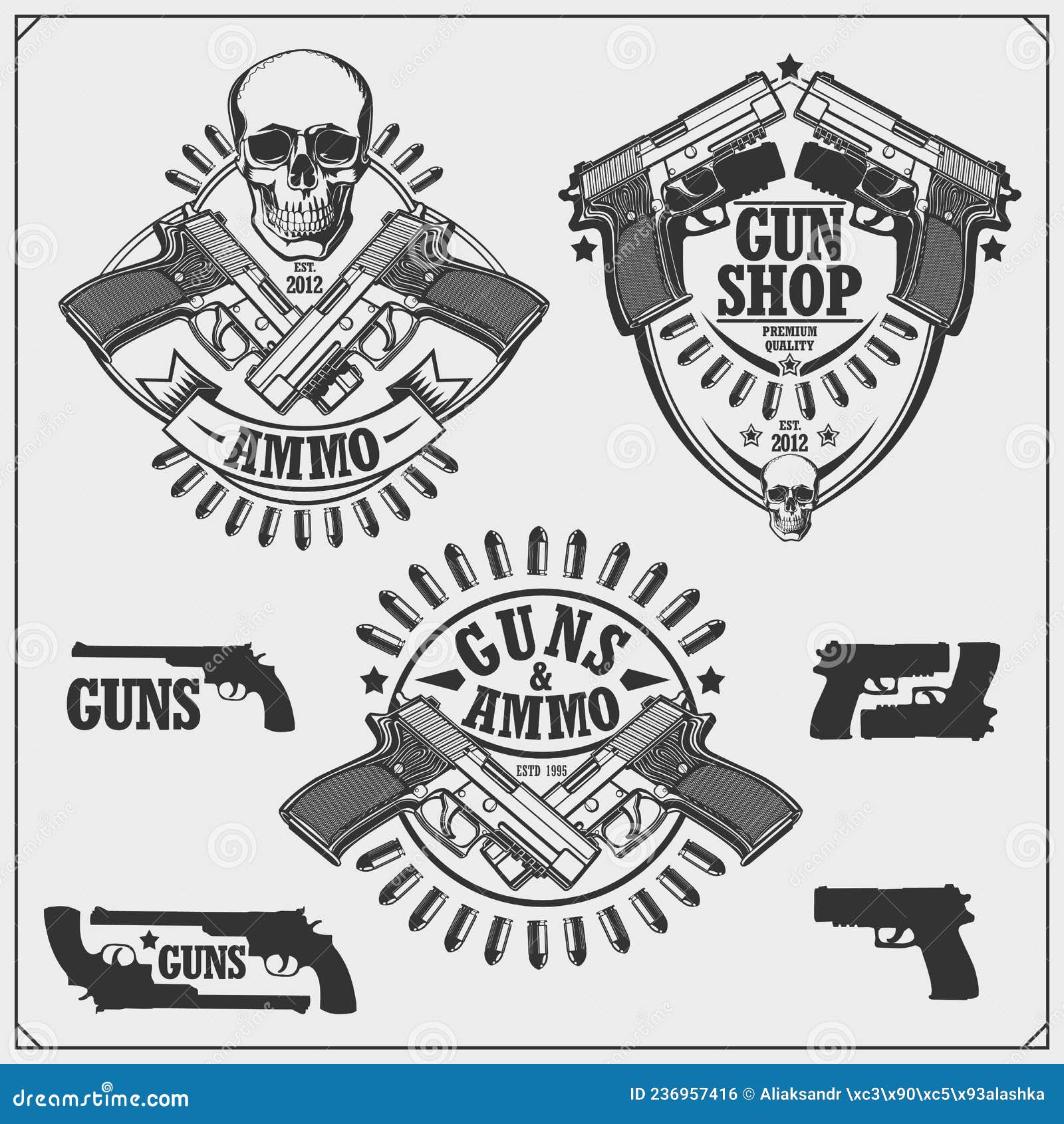 Collection of Gun Emblems, Labels and Design Elements. Revolvers, Ammo ...
