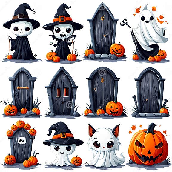 A Collection of Halloween-themed Illustrations, Featuring Spooky ...