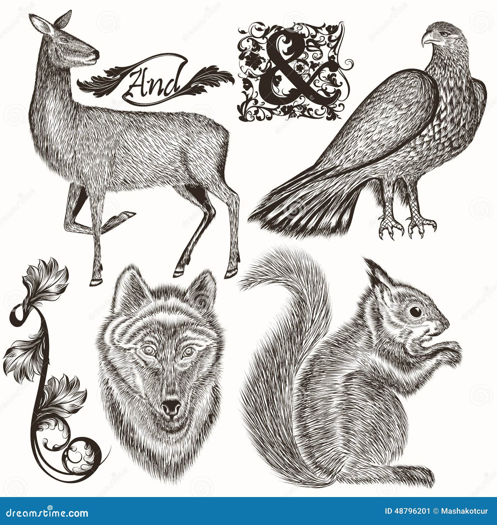 Collection of Hand Drawn Animals for Hunting Design Stock Vector ...