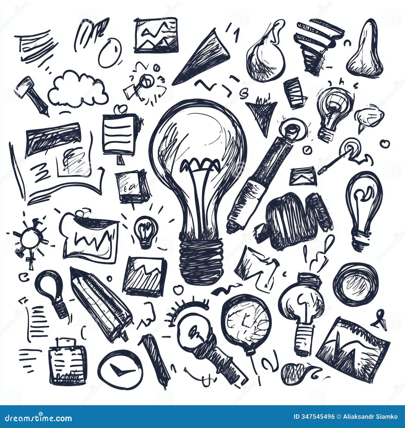 Collection of Hand-drawn Doodles Featuring Light Bulbs and Charts Stock ...
