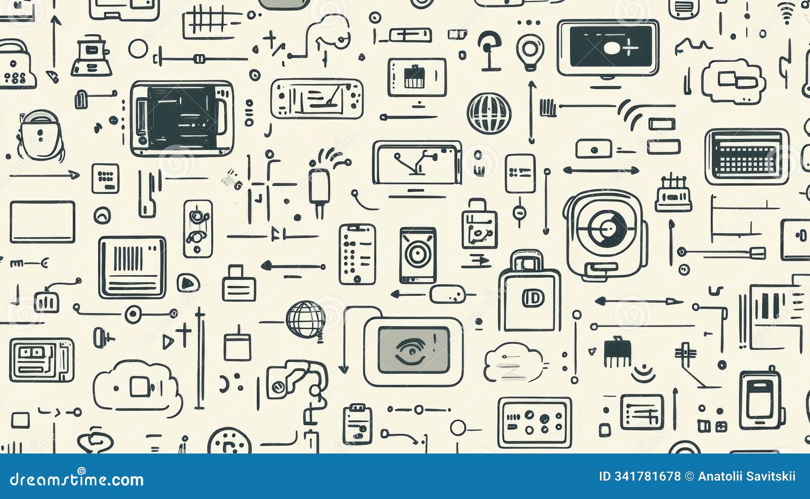 A Collection of Hand-drawn Doodles Featuring Technology Icons Like ...