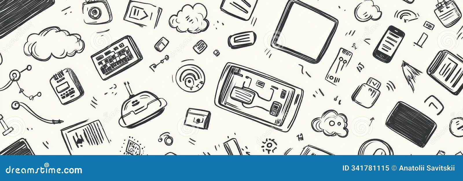 A Collection of Hand-drawn Doodles Featuring Various Technology Items ...