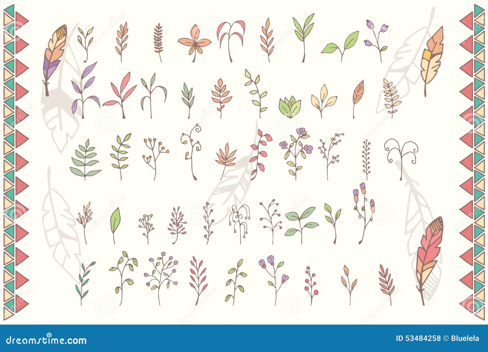 Collection of Hand Drawn Flowers with Feathers Stock Vector ...