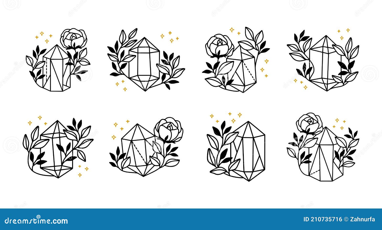 Collection of Hand Drawn Magical Elements with Crystal, Flower, Stars ...