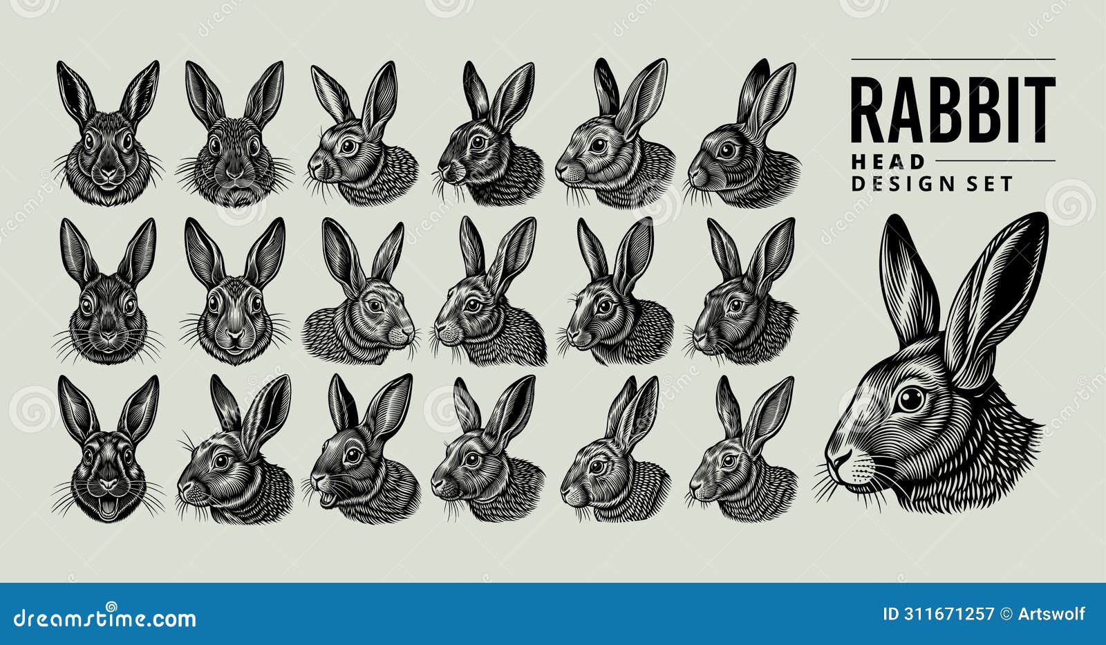 Collection of Hand Drawn Side View Rabbit Head Design Vector Stock ...