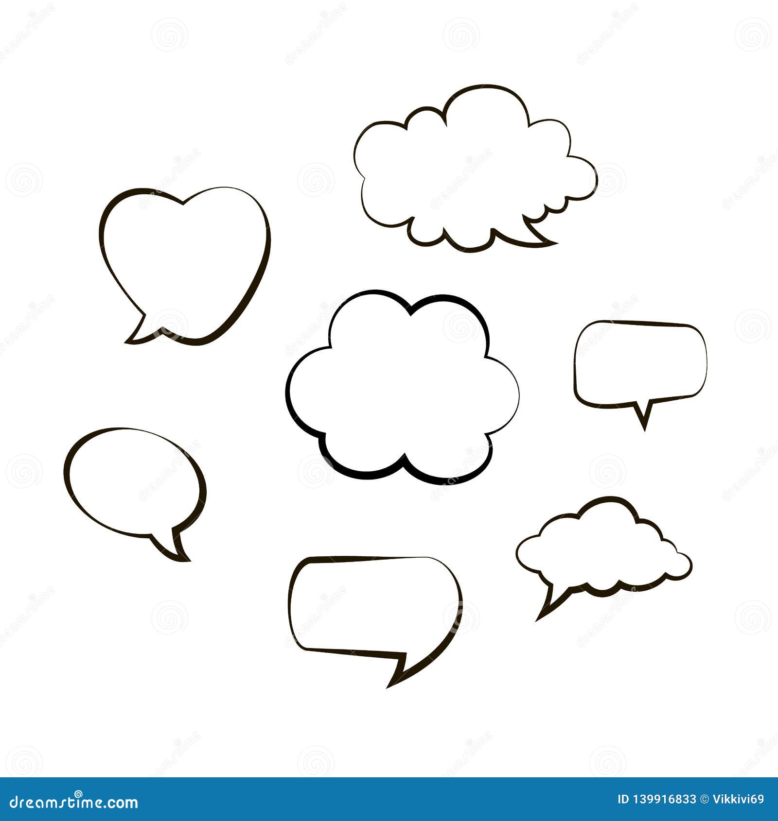 Collection Of Hand Drawn Think And Talk Speech Bubbles Message. Doodle ...