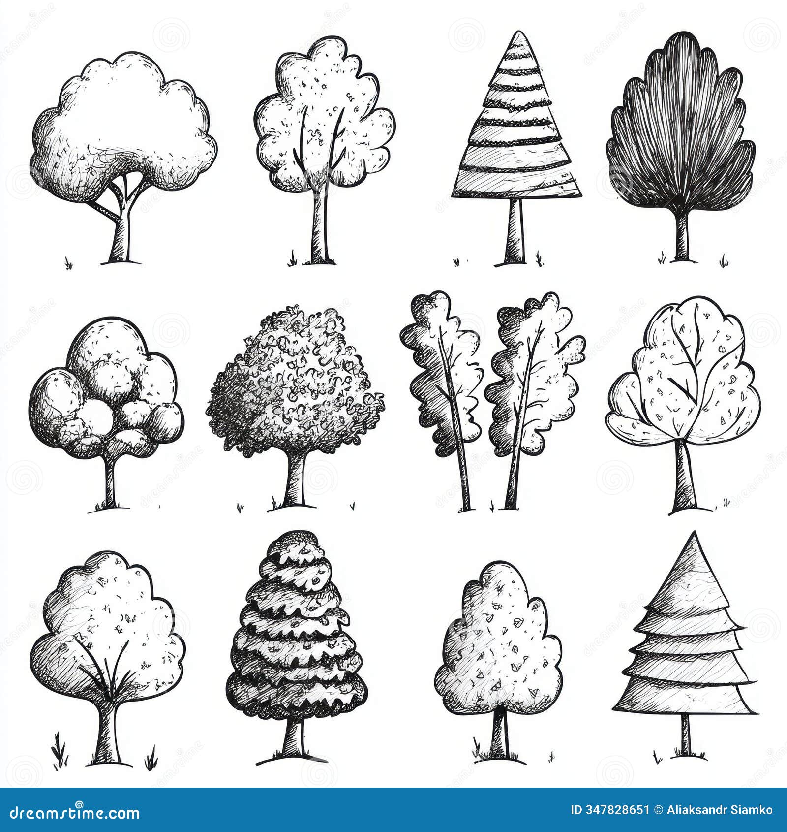 Collection of Hand-drawn Trees in Various Styles and Shapes Stock ...