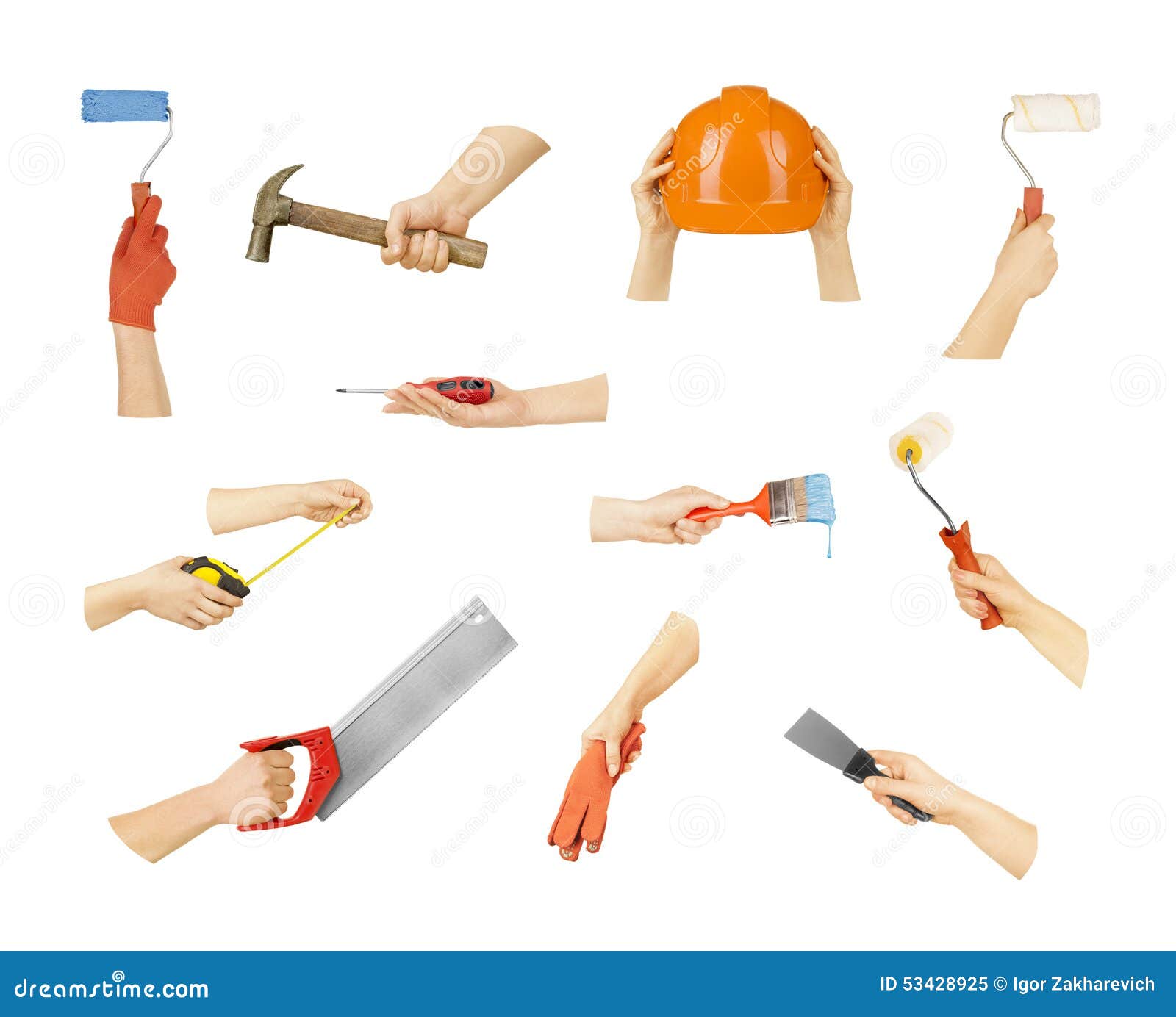 Collection Hands with Construction Tools Stock Image - Image of helmet ...