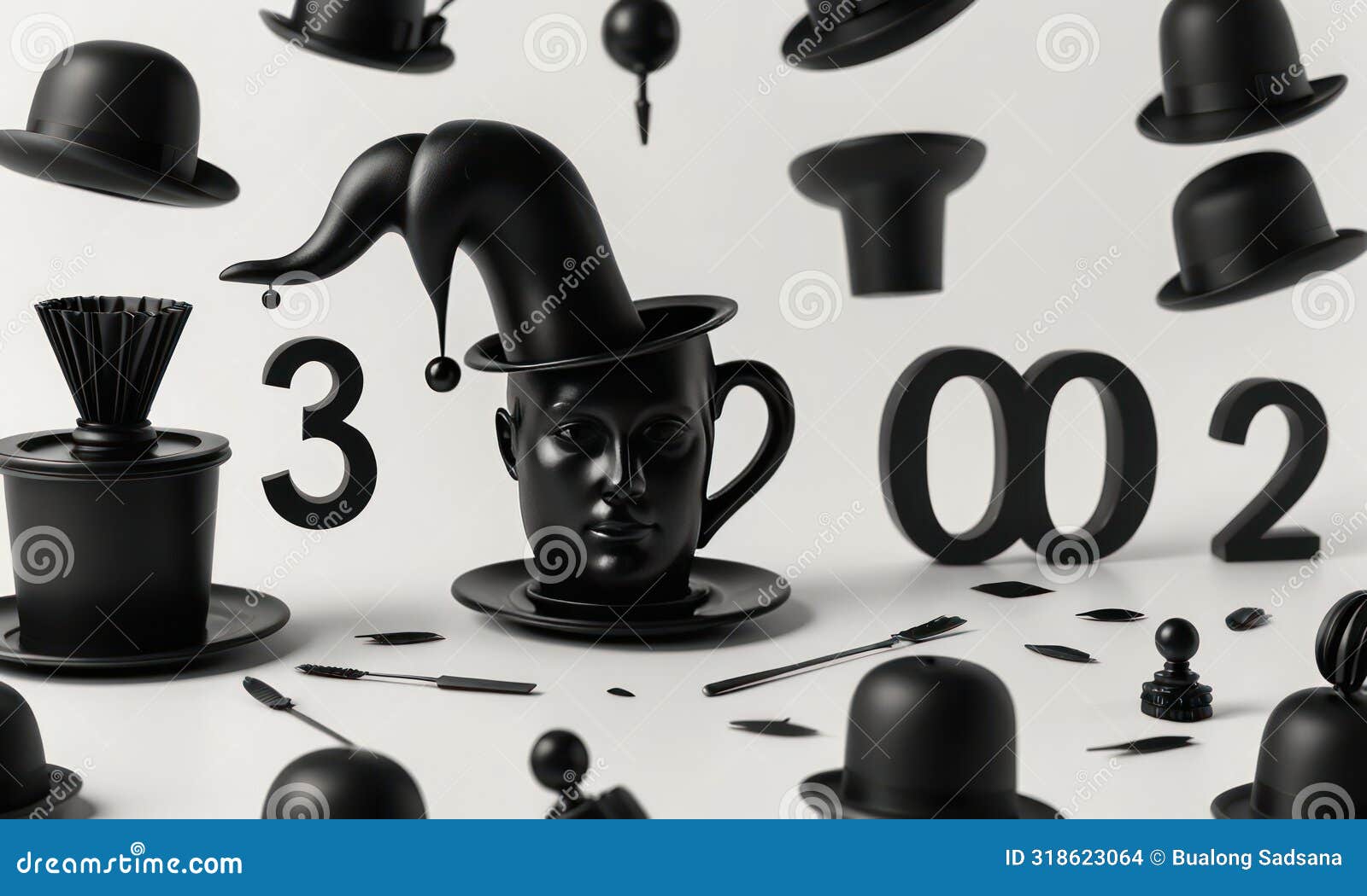 A Collection of Hats and Other Objects are Scattered on a Table ...