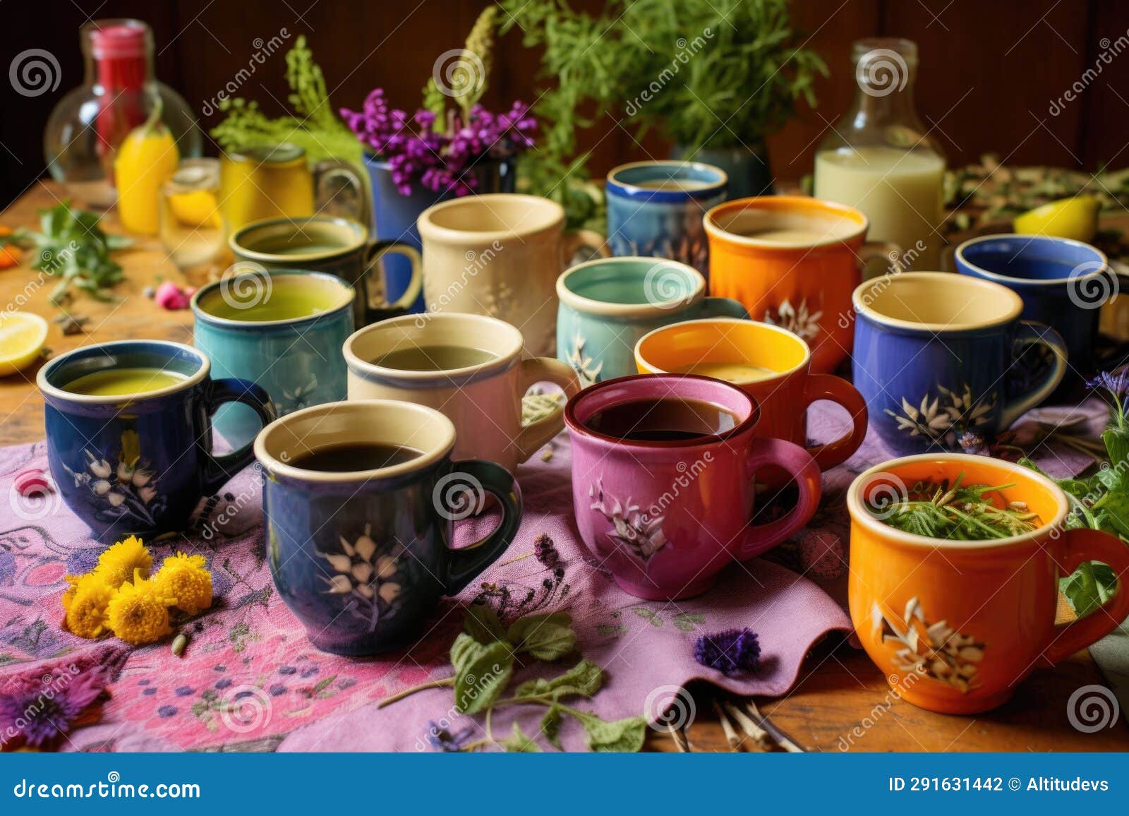 Collection of Herbal Teas in Brightly Colored Mugs Stock Photo - Image ...