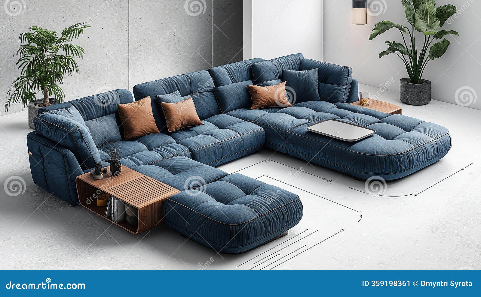 Modern Modular Sofa with Blueprint Details Stock Illustration ...