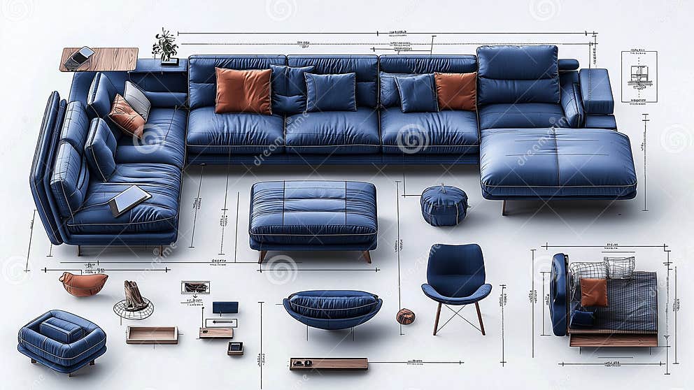 Modern Modular Sofa with Blueprint Details Stock Illustration ...