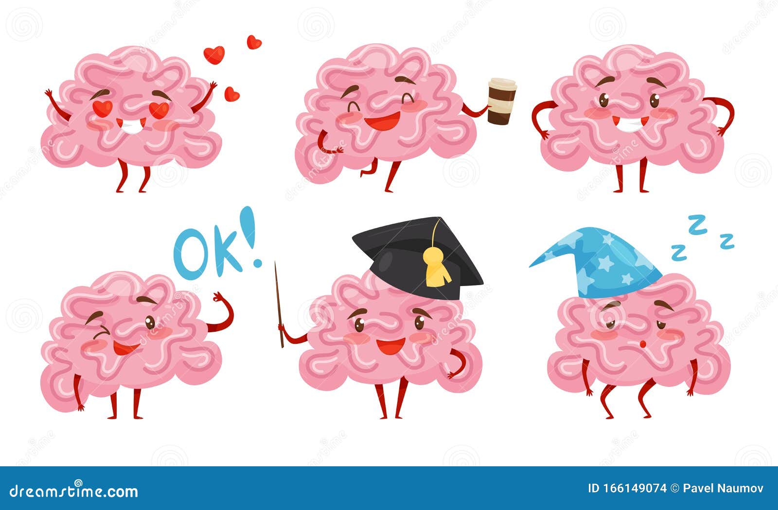 Collection of Human Brain Cartoon Character with Funny Face in ...