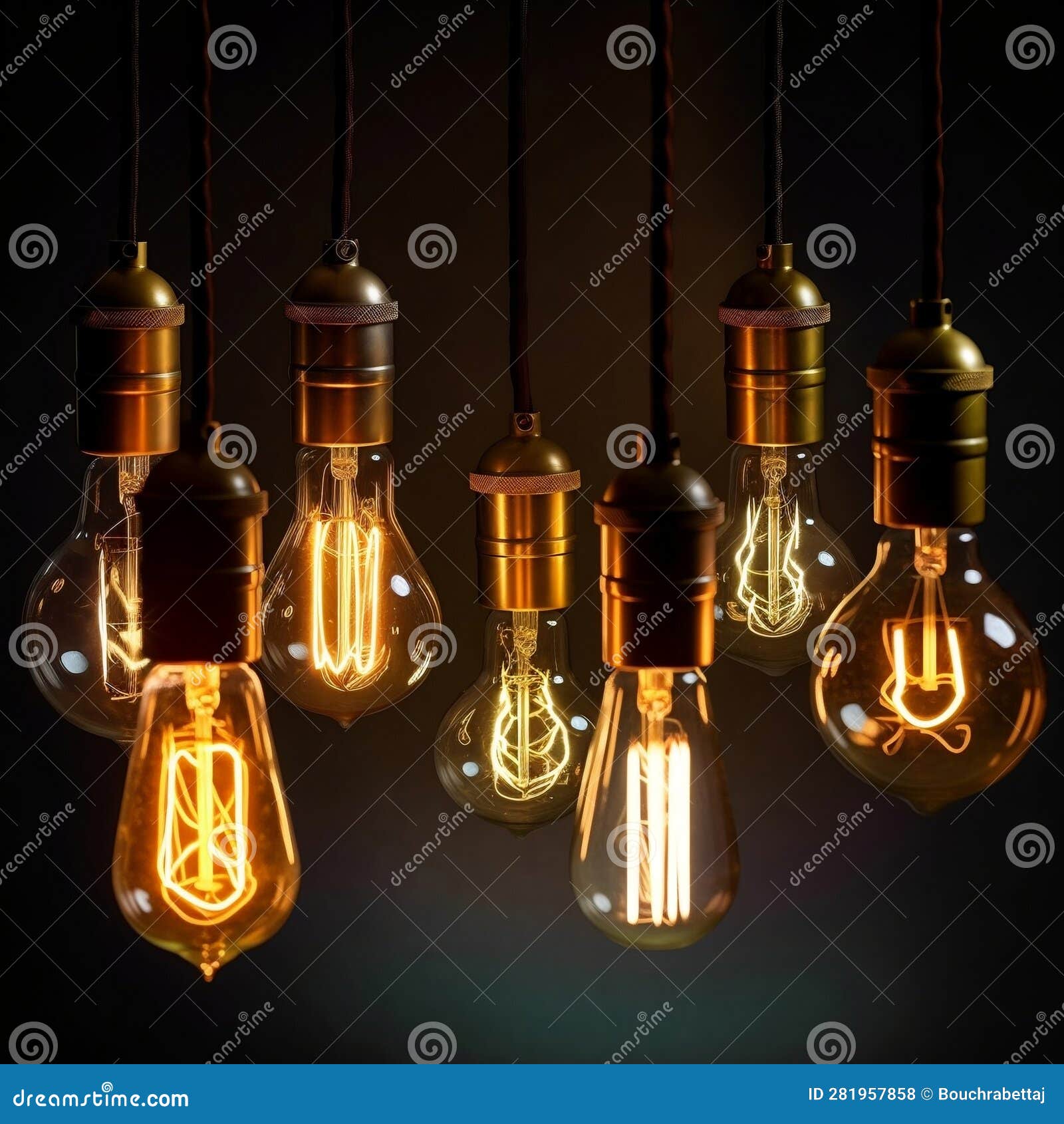 Collection of Illuminated Vintage Edison Light Bulb Closeups in a Dark ...