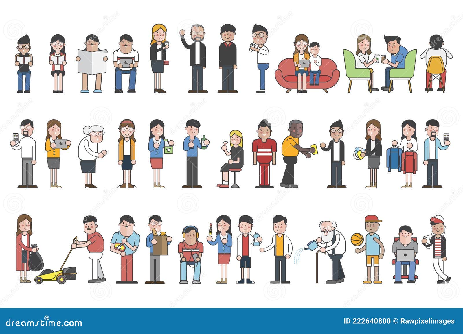 Collection of Illustrated People in Various daily Situations Stock ...