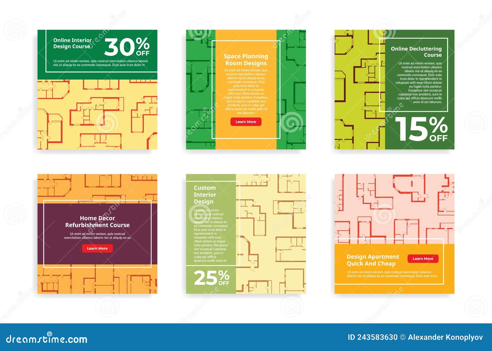 Collection Interior Design Course Poster Landing Page Vector Remotely ...