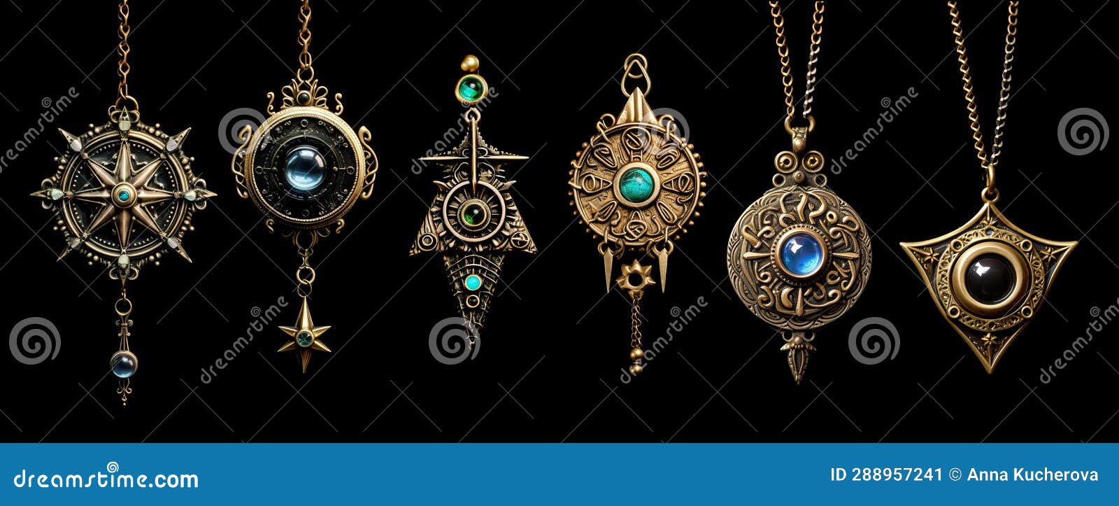 Collection Of Intricately Decorated Magic Amulets Isolated On Black ...