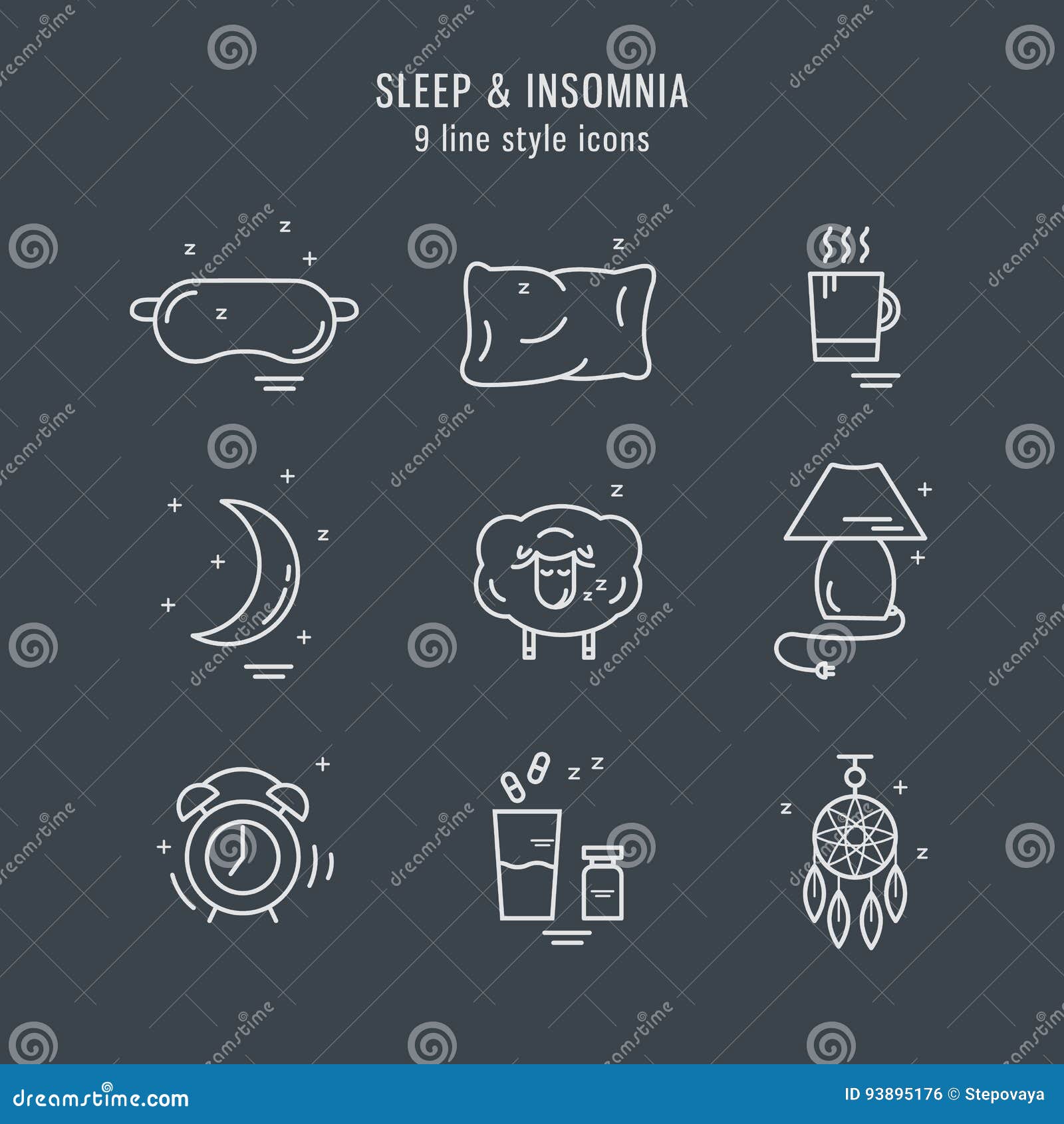 Collection of Isolated Line Icons with Sleep Problems and Insomnia ...