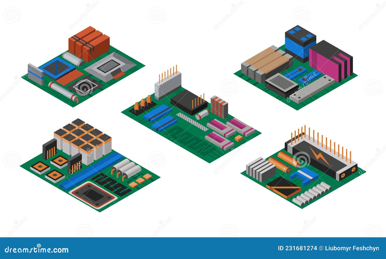 Collection of Isometric Circuit Boards with Electronic Components ...