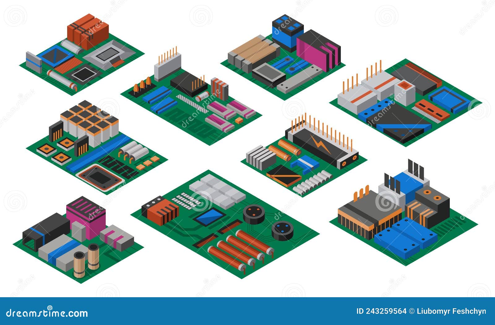 Collection of Isometric Circuit Boards with Electronic Components ...
