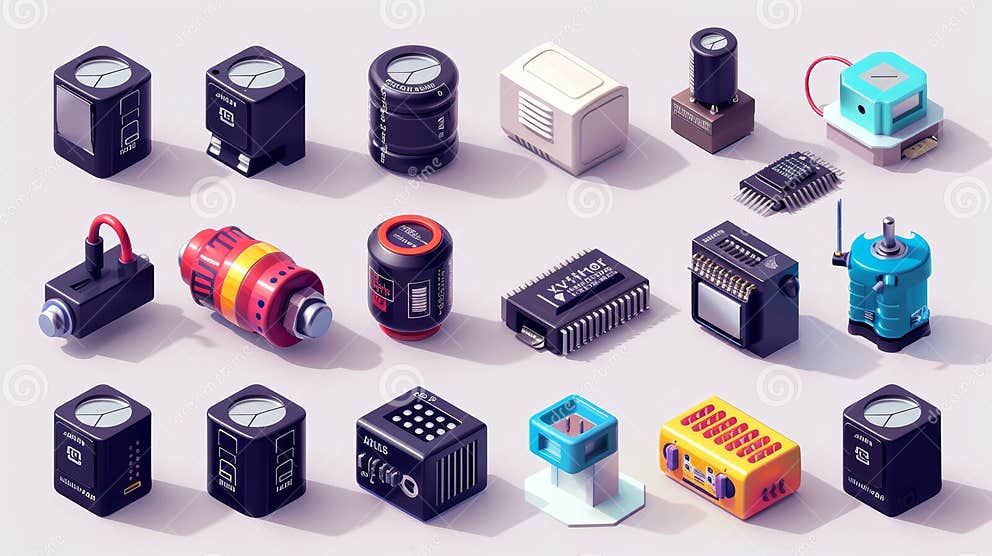 A Collection of Isometric 3D Electronic Components Stock Illustration ...