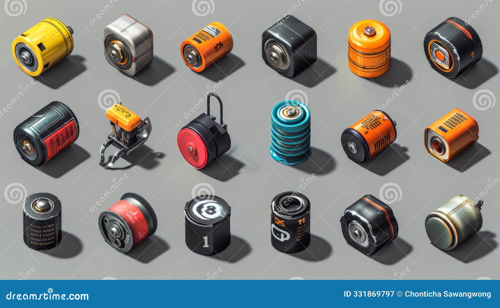 A Collection of 20 Isometric Illustrations of Various Battery Types ...