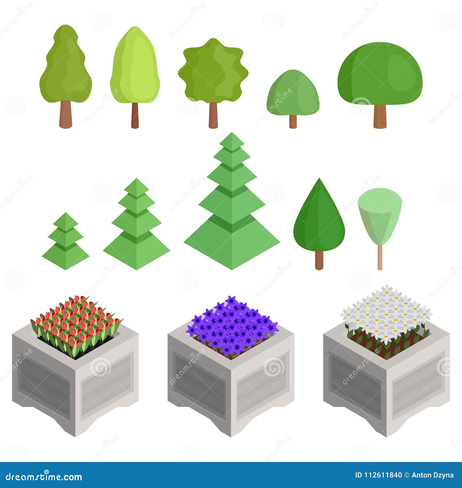 Collection of Isometric Trees and Flower Beds Stock Vector ...