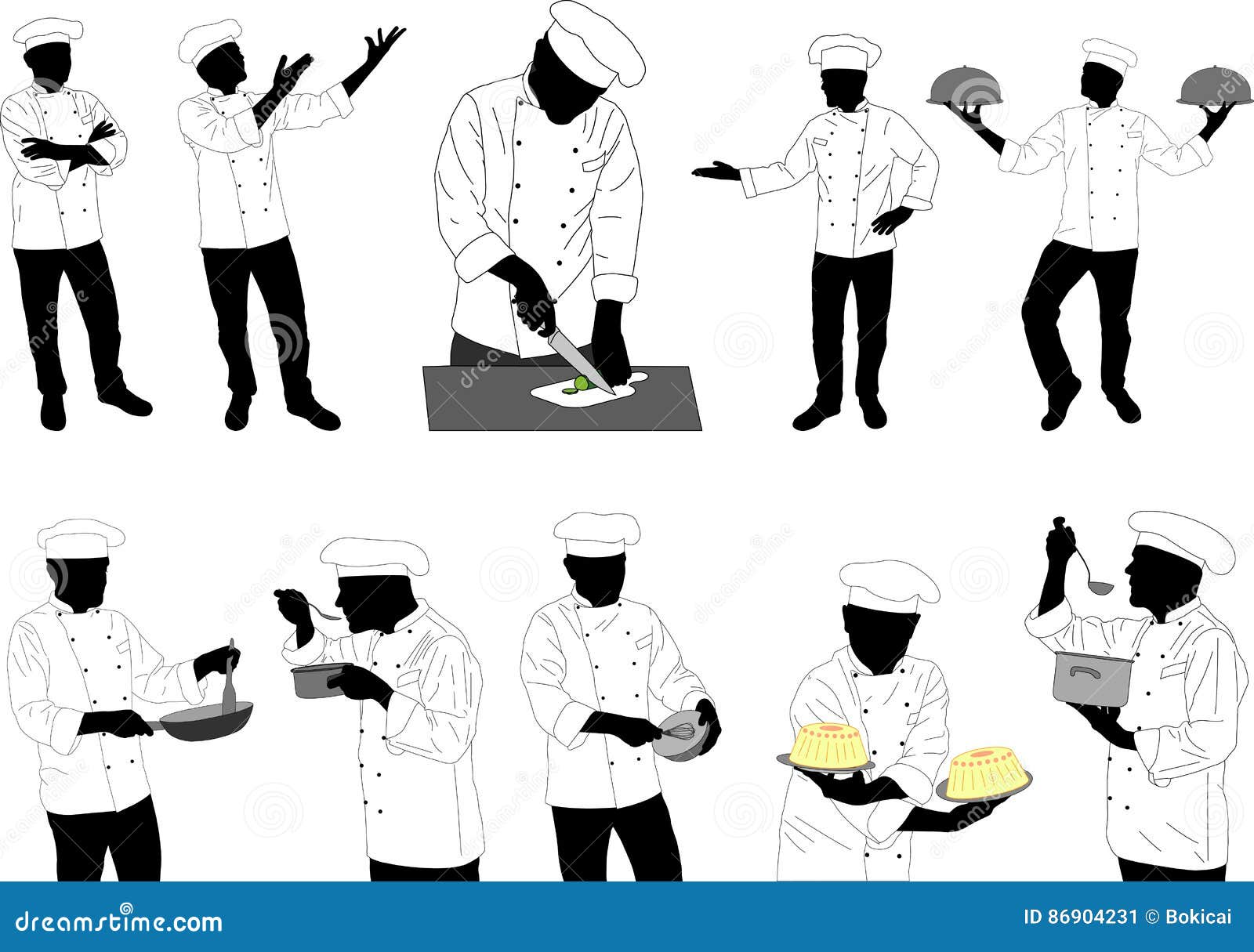 Collection of Kitchen Chefs Preparing Food Silhouettes Stock Vector ...