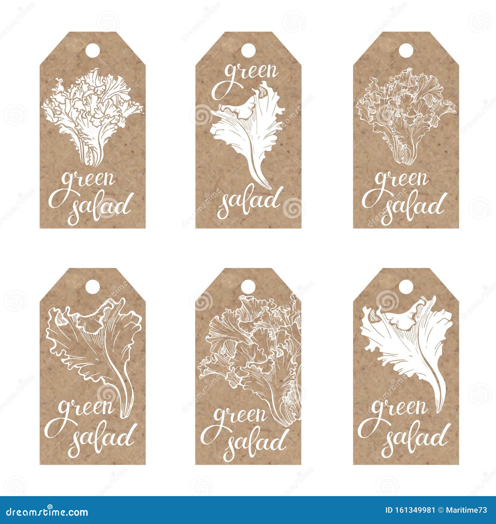 Collection of Kraft Paper Tags with Green Salad. Six Different Variants ...