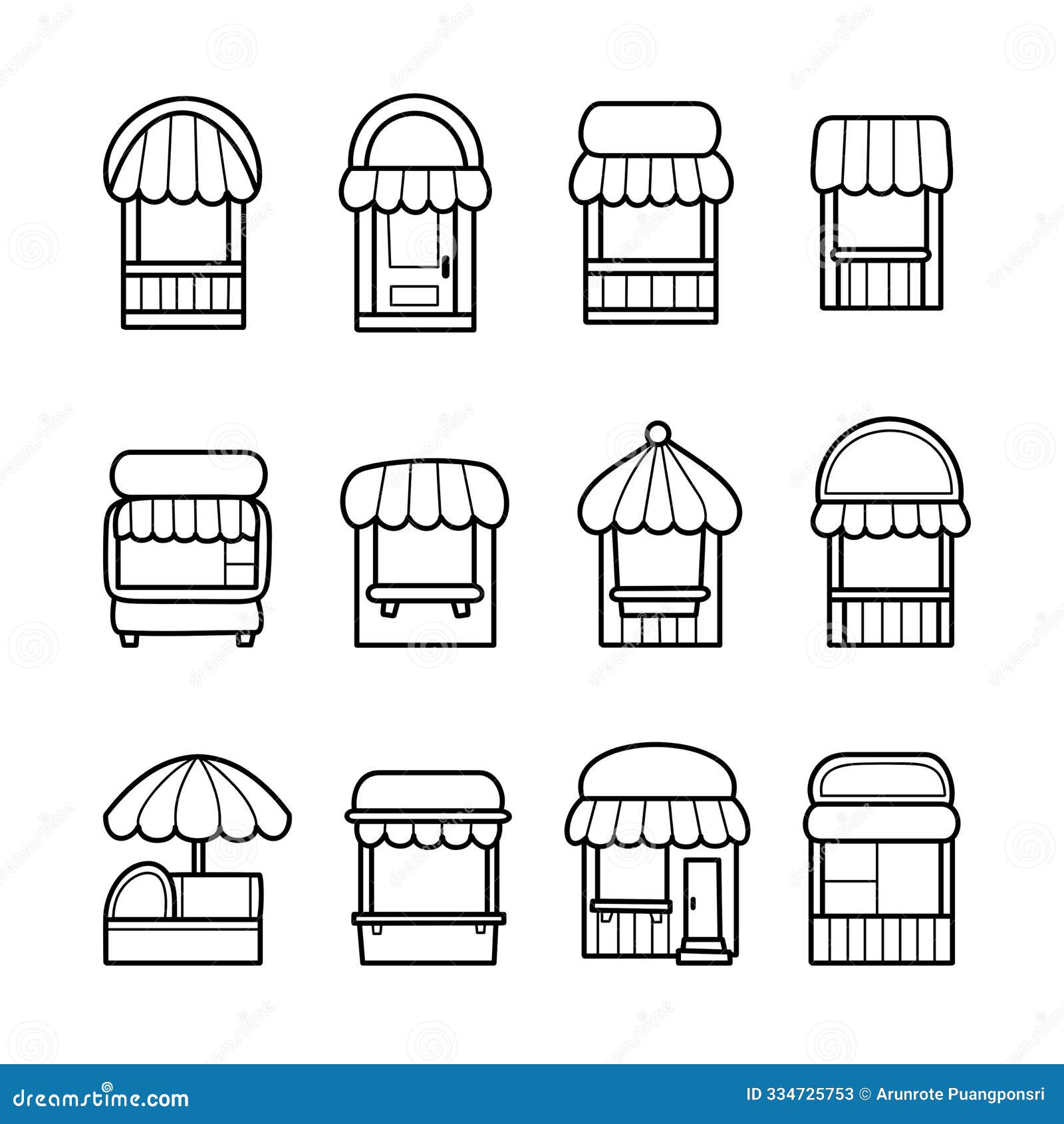 Set of Market Stall and Shopfront Illustration, Black and White ...