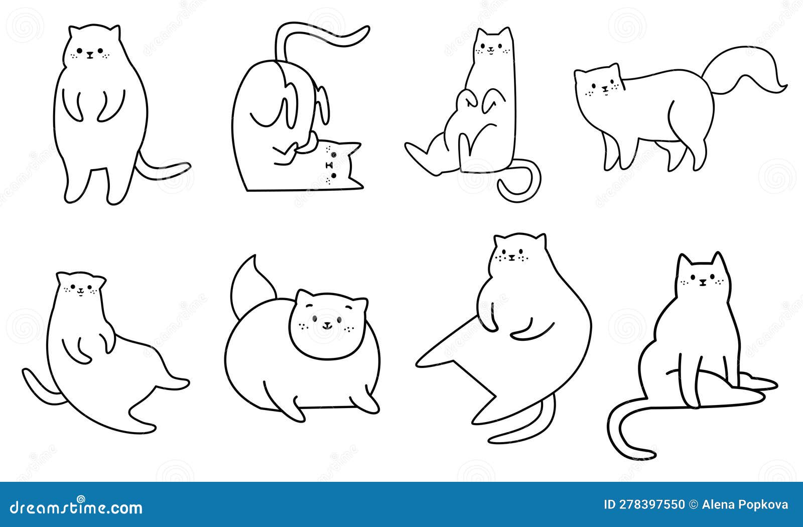 Collection of Linear Cats. Cute Black and White Cats Stock Vector ...