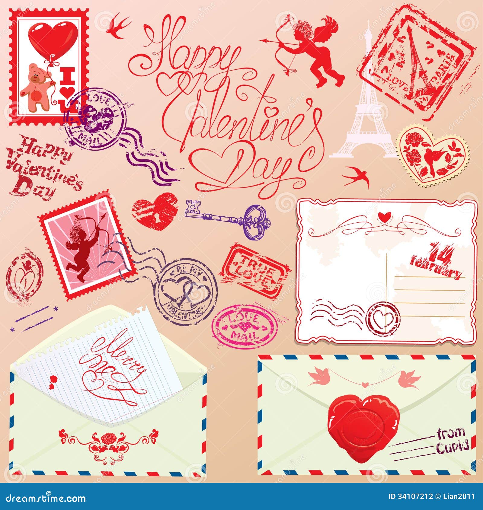 Collection of Love Mail Design Elements - Stamps, Stock Vector ...