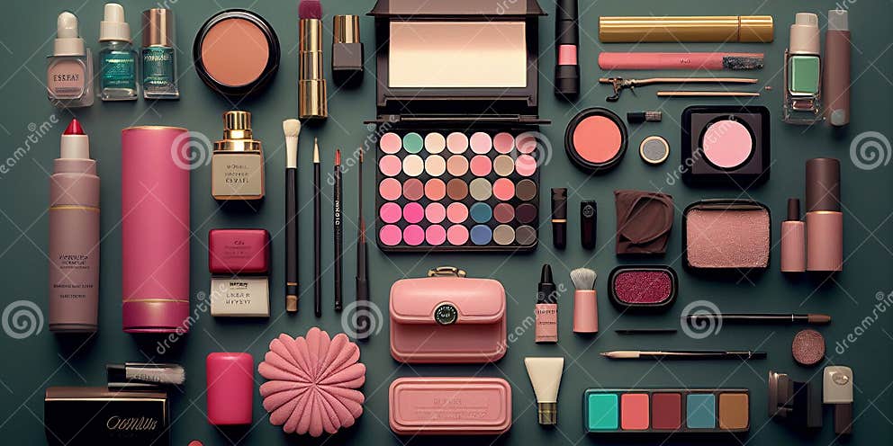 Collection of Make Up Object on Table Stock Illustration - Illustration ...