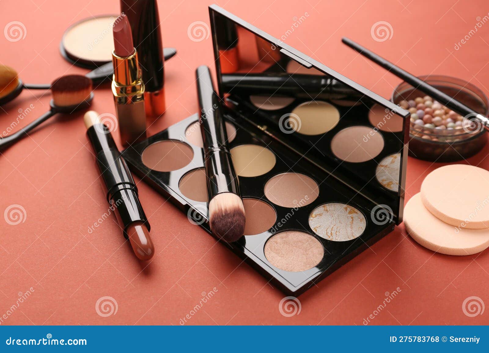 Set of Cosmetics for Contouring Makeup on Color Background Stock Photo ...