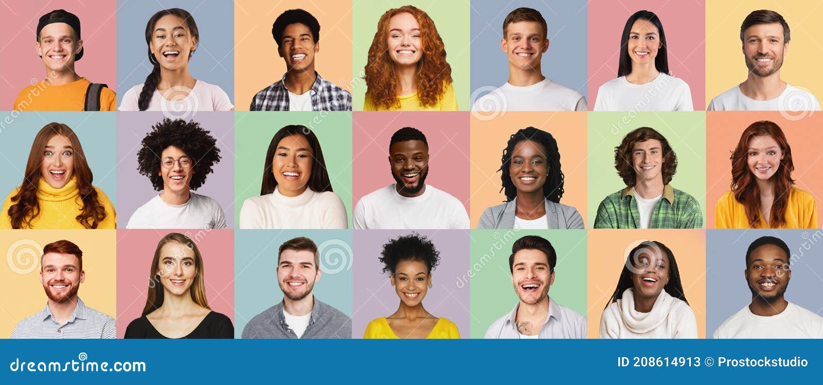 Diverse Males And Females Smiling Faces Over Colorful Backgrounds ... Diverse Males And Females Smiling Faces Over Colorful Backgrounds ...