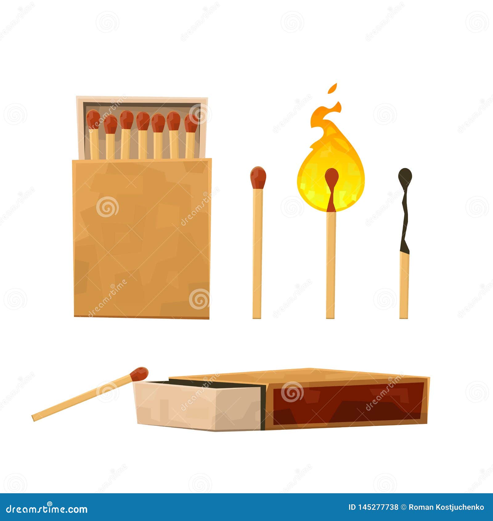 Collection of Matches, Burning Match with Fire, Opened Matchbox, Burnt ...