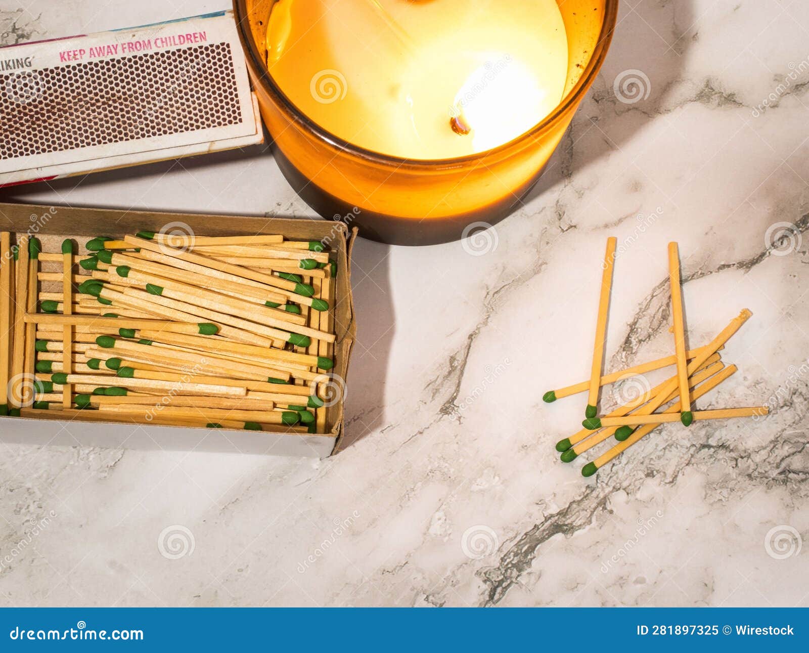 Collection of Matchsticks, and a Box on a Marble Surface Stock Image ...