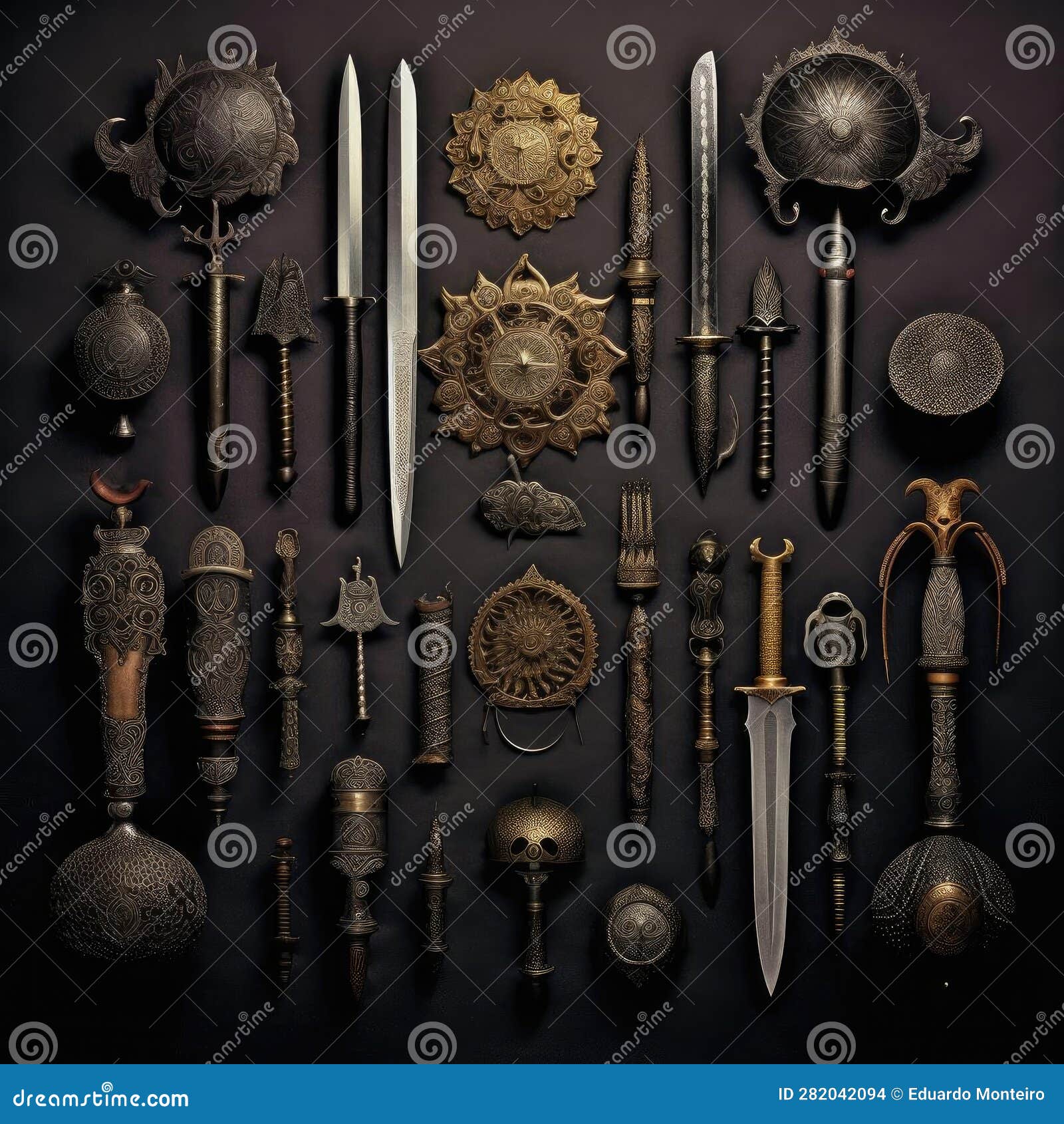 Collection of Medieval Weapons and Armor on a Dark Background Stock ...
