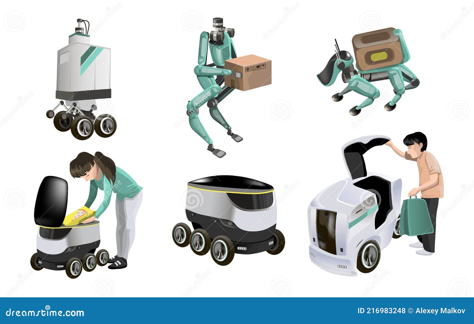 Collection with Modern Robots Delivery Methods. Robots with Boxes and ...