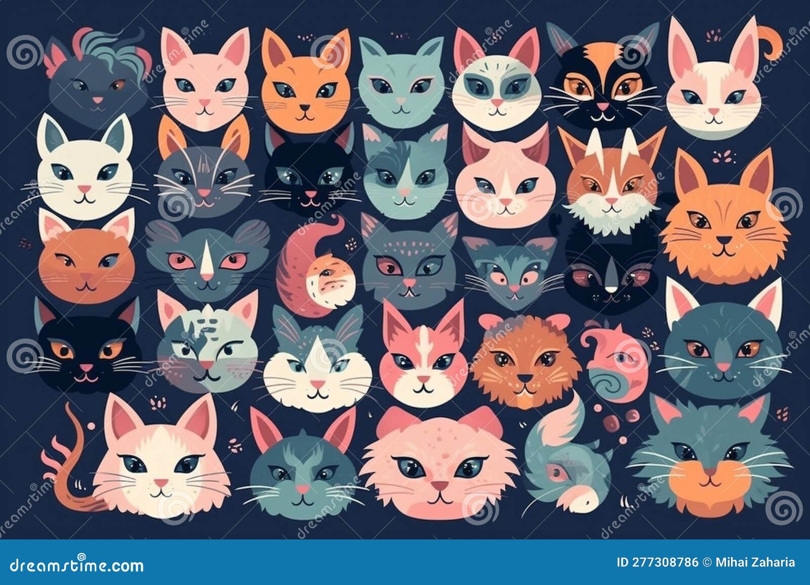 A Collection of Multiple Cute Cats Faces - Colorful Hand Drawn ...