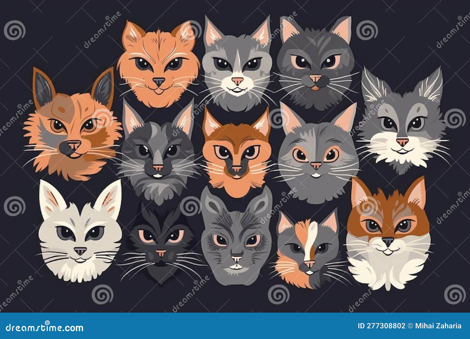 A Collection of Multiple Cute Cats Faces - Colorful Hand Drawn ...