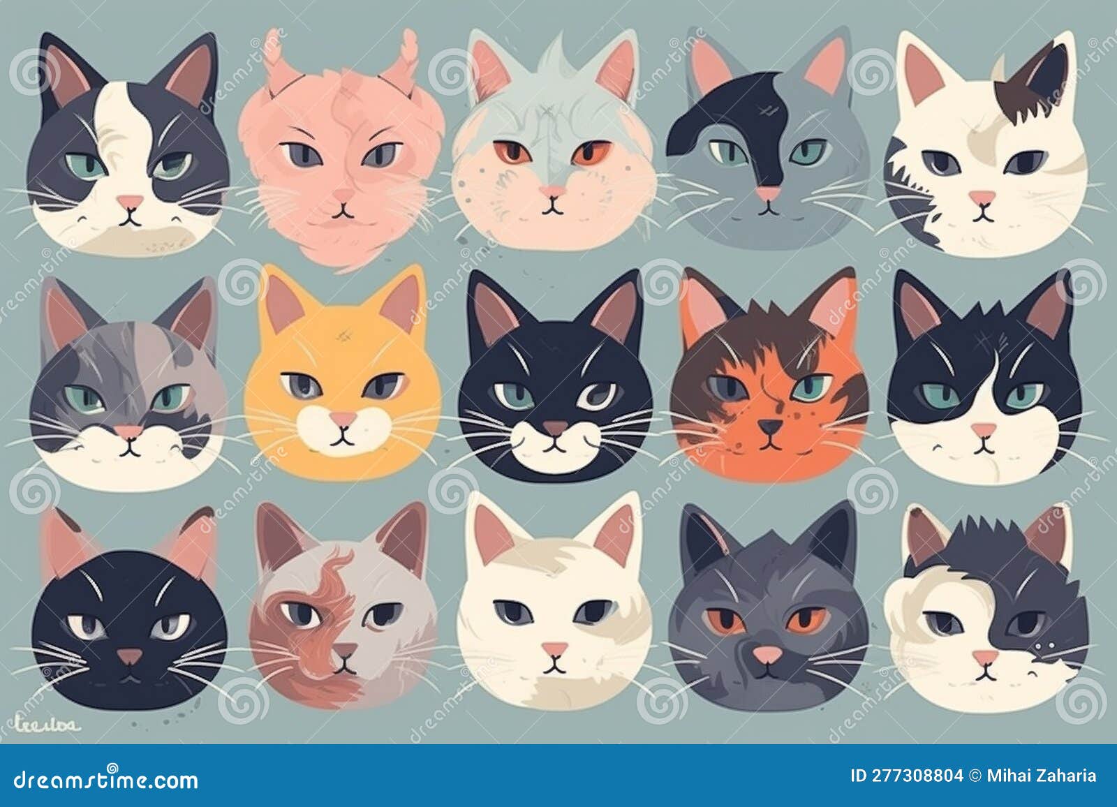 A Collection of Multiple Cute Cats Faces - Colorful Hand Drawn ...