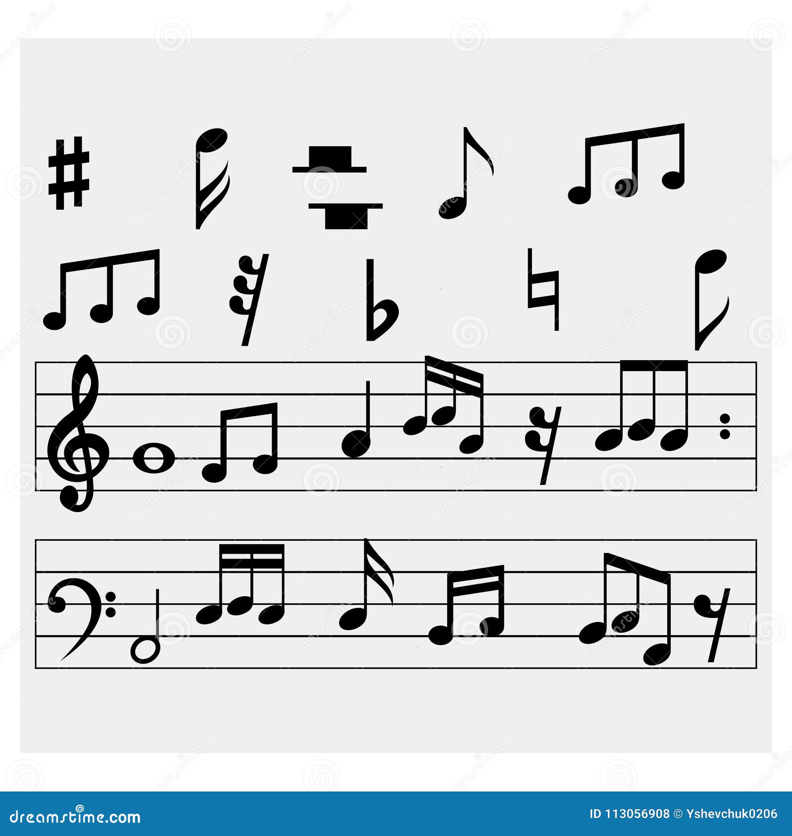 Collection of Music Notes. Gray Background. Vector Illustration. Stock ...