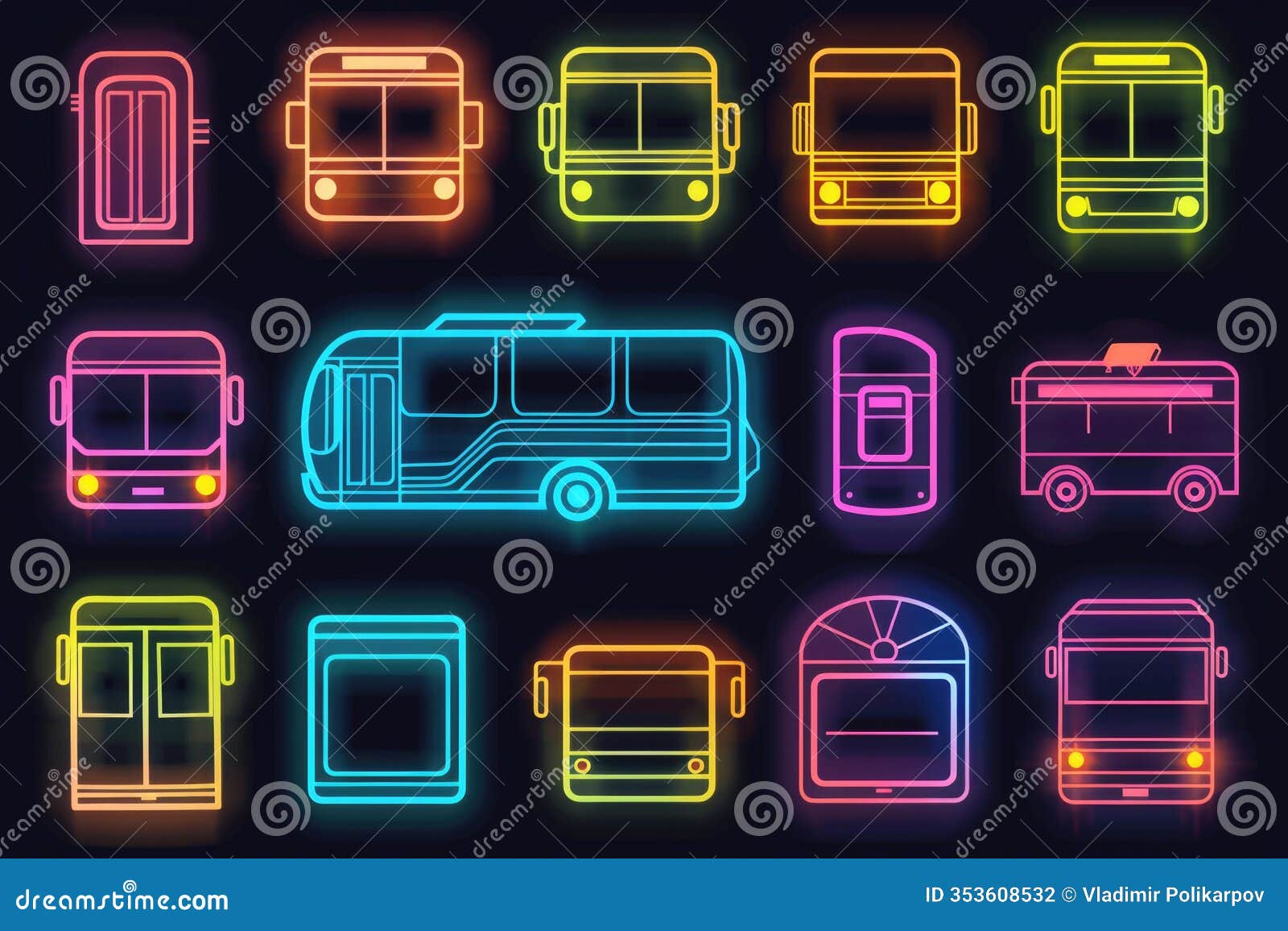 Collection of Neon Bus Icons for Various Uses Stock Illustration ...