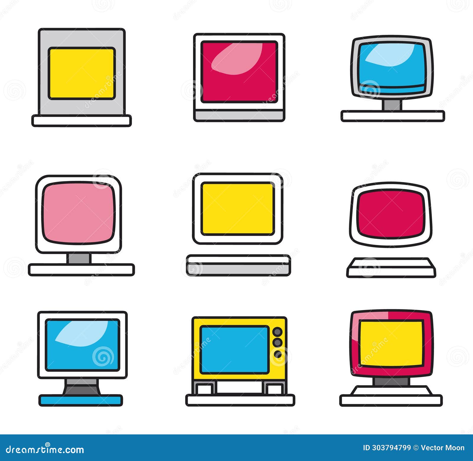 Collection of Nine Colorful Retro Computer Monitors. Outdated ...