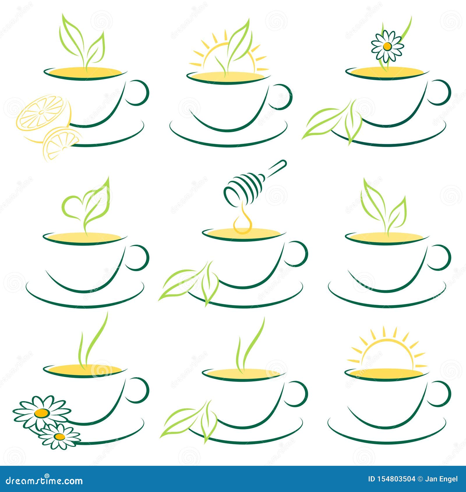 Set of Nine Drawn Cups of Tea Green and Yellow Stock Vector ...