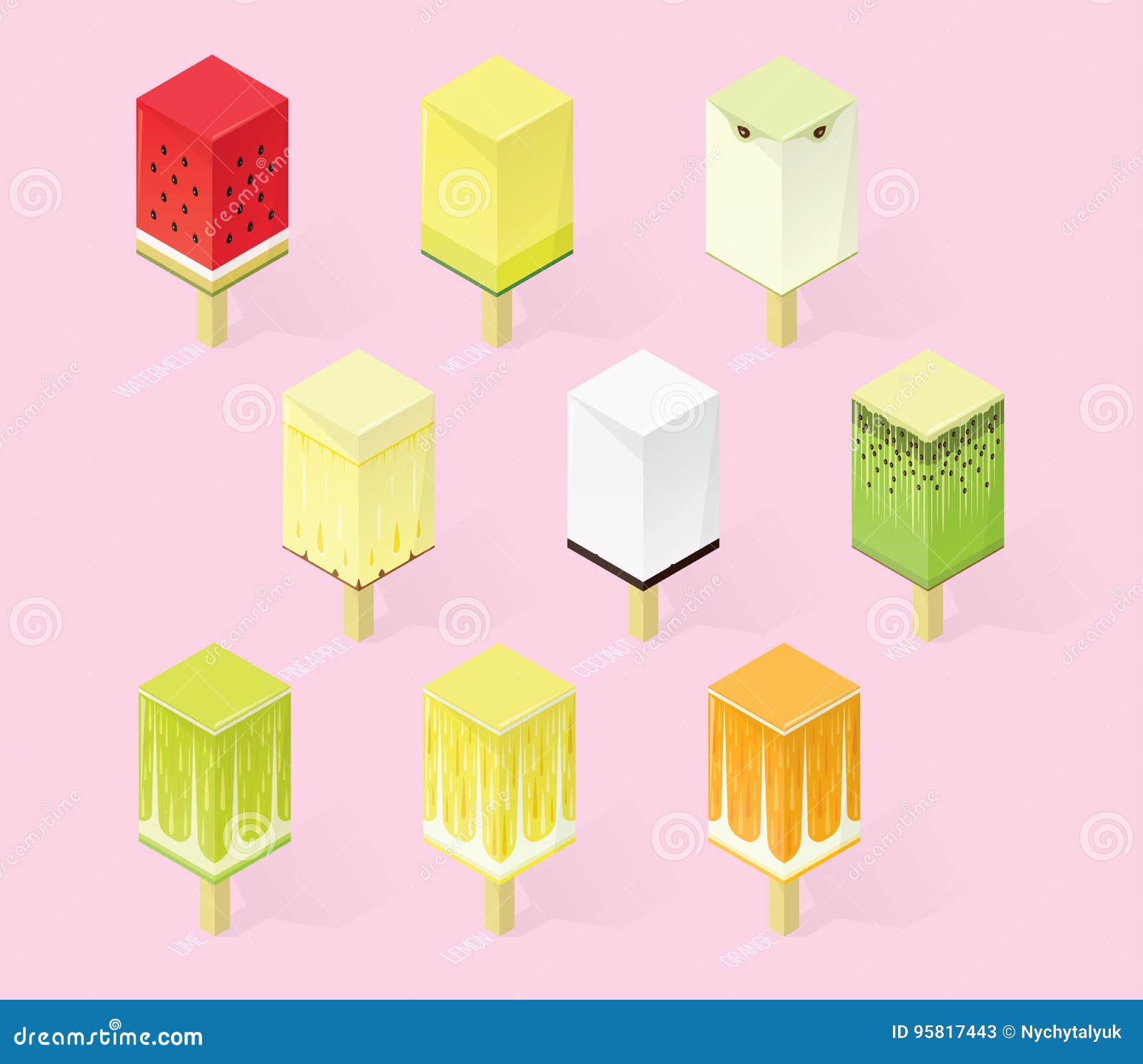 Collection of Nine Illustrations of Rectangular Fruit Ice Cream. Fruit ...